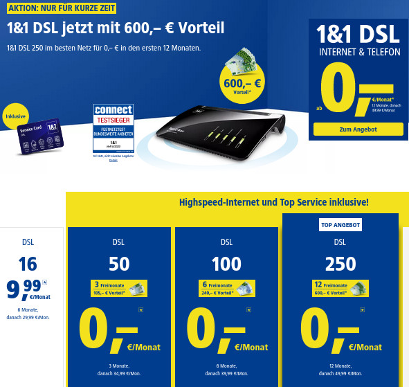 Erinnerung: 1&1 DSL Tarife mit 12 Monate gratis 250 Mbit DSL