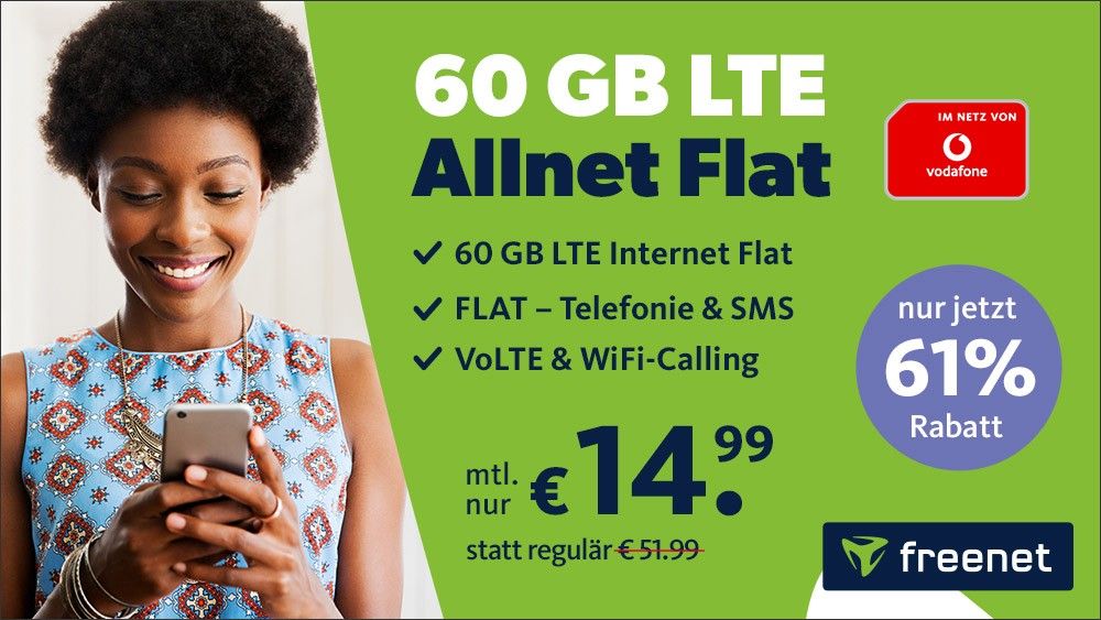61 Prozent Rabatt: 60 GB All-In-Flat im Vodafone-Netz bei 100 Mbit für