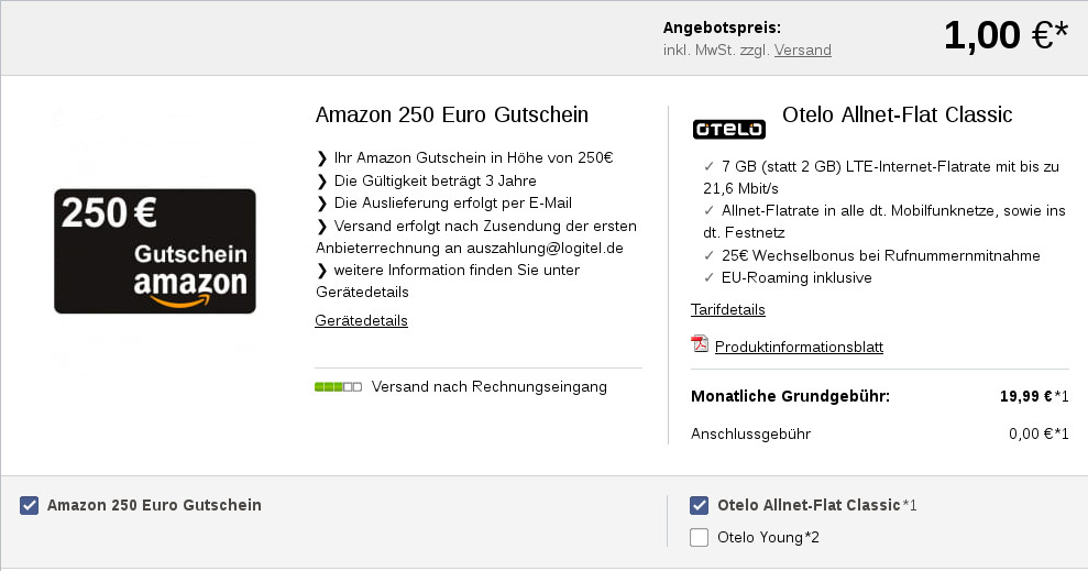 Weiterhin verfügbar: 250 Euro Amazon Gutschein mit 7 GB LTE