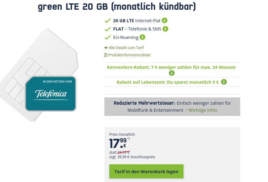Preiskracher LTE Tarife: mobilcoms 20 GB LTE All-In-Flat für mtl.