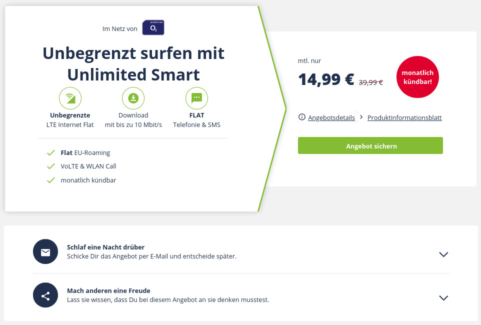 Wieder da Unlimited-Deal: Unlimited o2 LTE All-In-Flat für 14,99 Euro