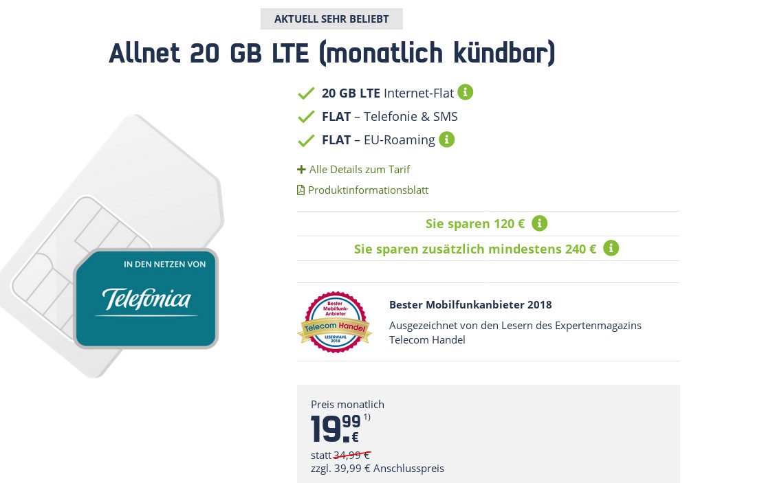 O2 LTE Tarife Power: mobilcoms 20 GB LTE All-In-Flat für mtl. 19,99