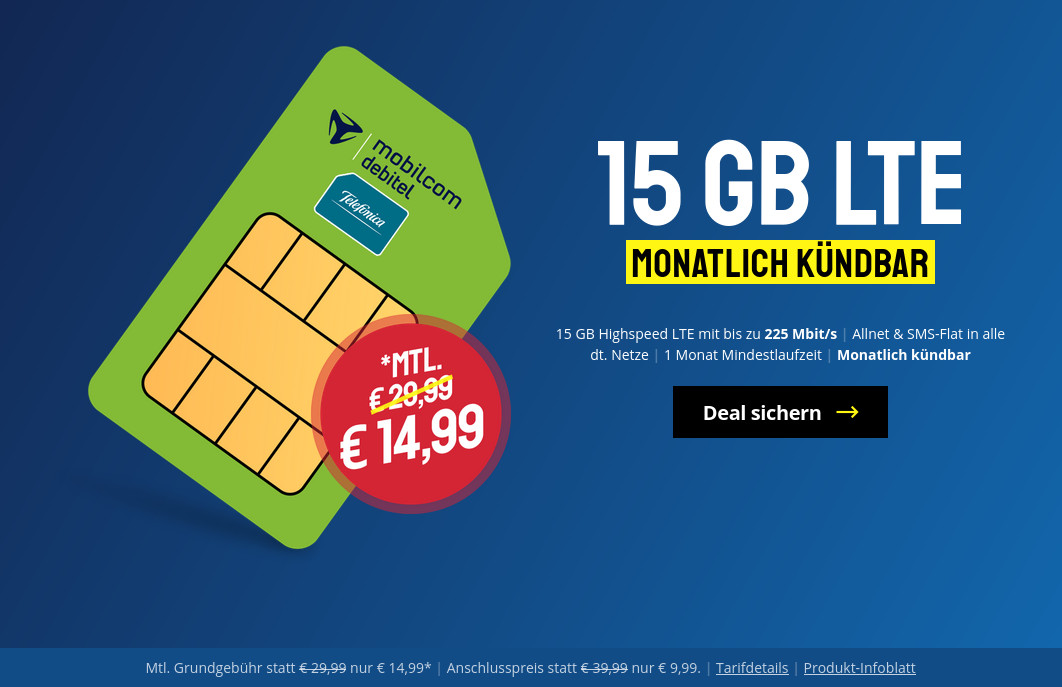 Tarif-Power: 15 GB O2 LTE All-In-Flat für mtl. 14,99 Euro --Mtl.