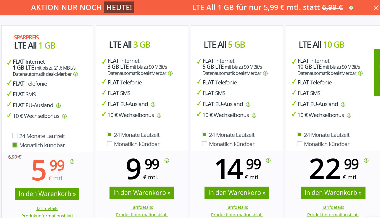 Spartipp Smartphone Tarife: winSIMs 1 GB All-In-Flat Tarif für 5,99